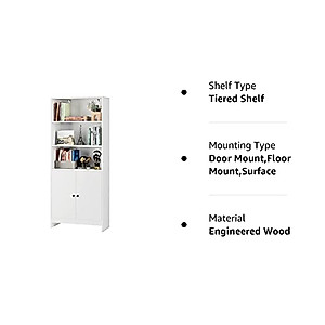 SHUANGZ 3 Tier Bookcase with Doors, 27.5 x 11.8 x 65.7 Inch Storage Organizer Cabinet with 3 Open Shelves, Tall Book Shelf Free Standing Floor Cabinet for Home Office, White