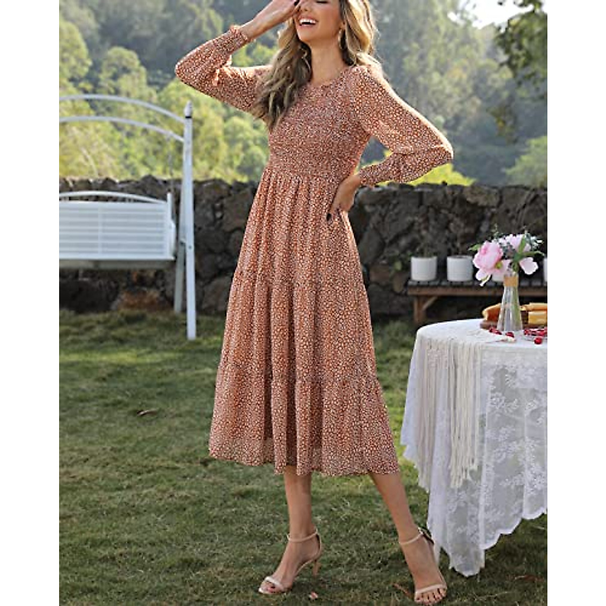 kimralur Womens Casual Long Sleeve Midi Fall Dress Crew Neck Boho Floral Print Smocked Ruffle Tiered Flowy Long Dress