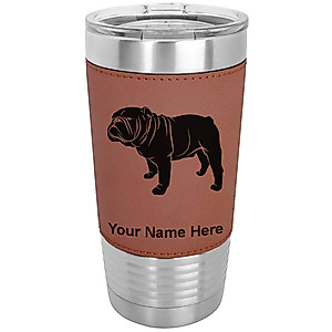 LaserGram 20oz Vacuum Insulated Tumbler Mug, Bulldog Dog, Personalized Engraving Included (Faux Leather, Dark Brown)