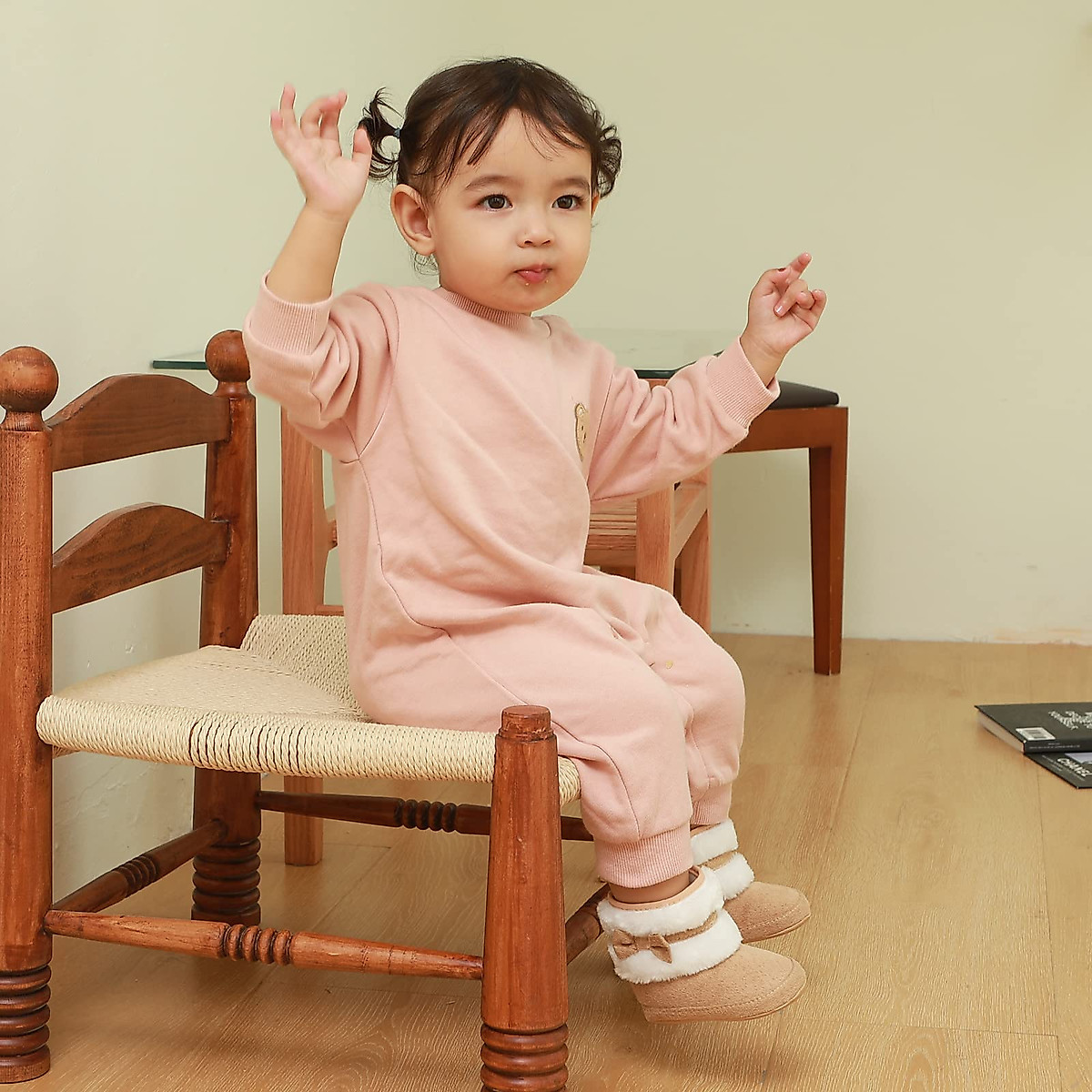 ESTAMICO Baby Girl Plush Winter Snow Bowknot Boots Khaki 6-12 Months