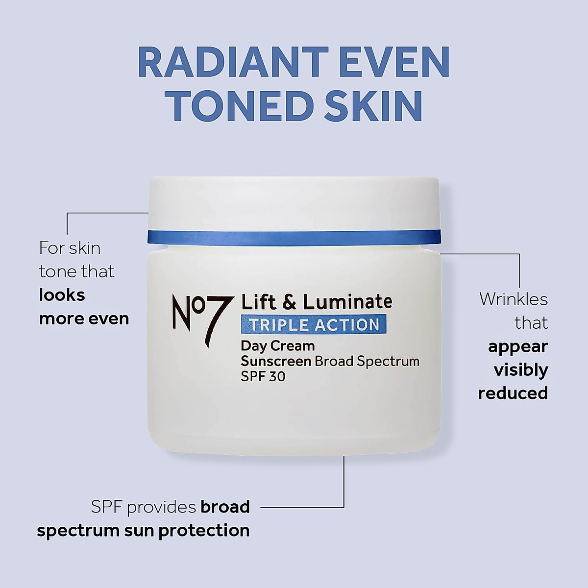 No7 Lift & Luminate Triple Action Fragrance Free Day Cream SPF 30 - Broad Spectrum Anti-Aging Face Cream - Hydrating Hibiscus Peptides & Hyaluronic Acid + Brightening Emblica & Vitamin C (1.69 Fl Oz)
