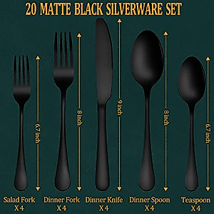 20 Piece Matte Black Silverware Set Service for 4,Stainless Steel Flatware Set,Kitchen Tableware Set,Cutlery Set for Home and Restaurant,Include Knife Fork Spoon Set,Satin Finish,Dishwasher Safe