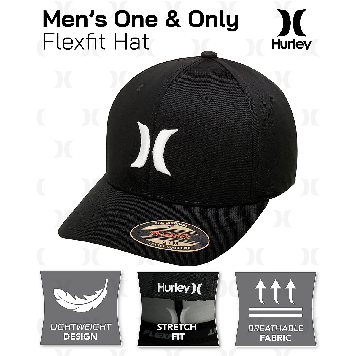 Hurley Men's One And Only Black Flexfit Hat, White, Small/Medium