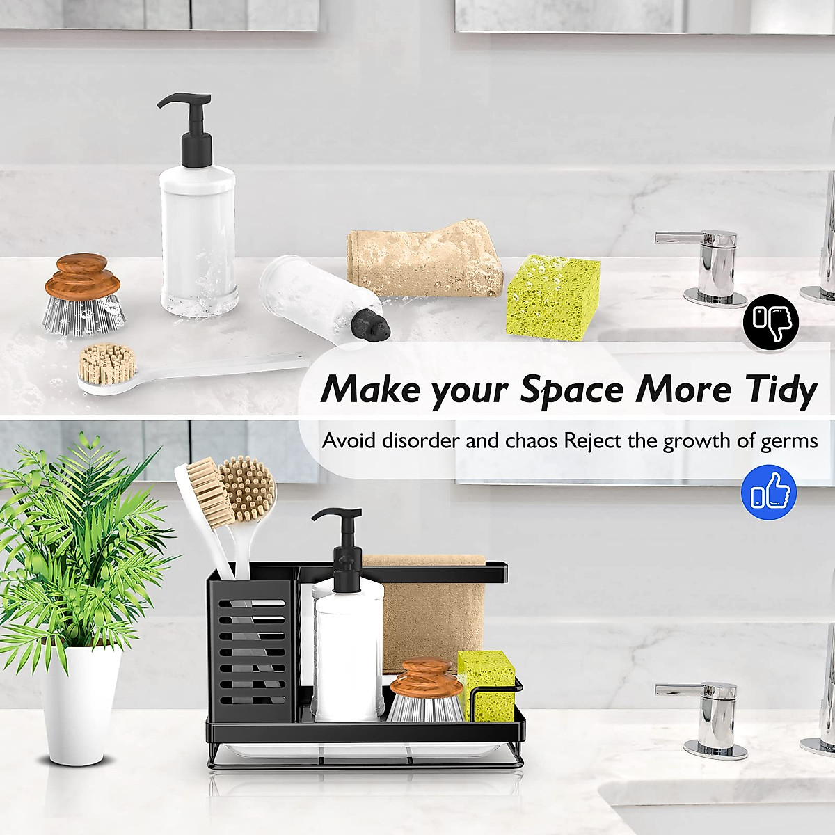 Sink Caddy, Kitchen Sink Organizer, Sponge Holder Stainless Steel Kitchen Caddy for Kitchen Sink with Removable Drain Pan Storage for Soap, Sponge, Scrubber Brush, Bottles, Dishcloth-Black