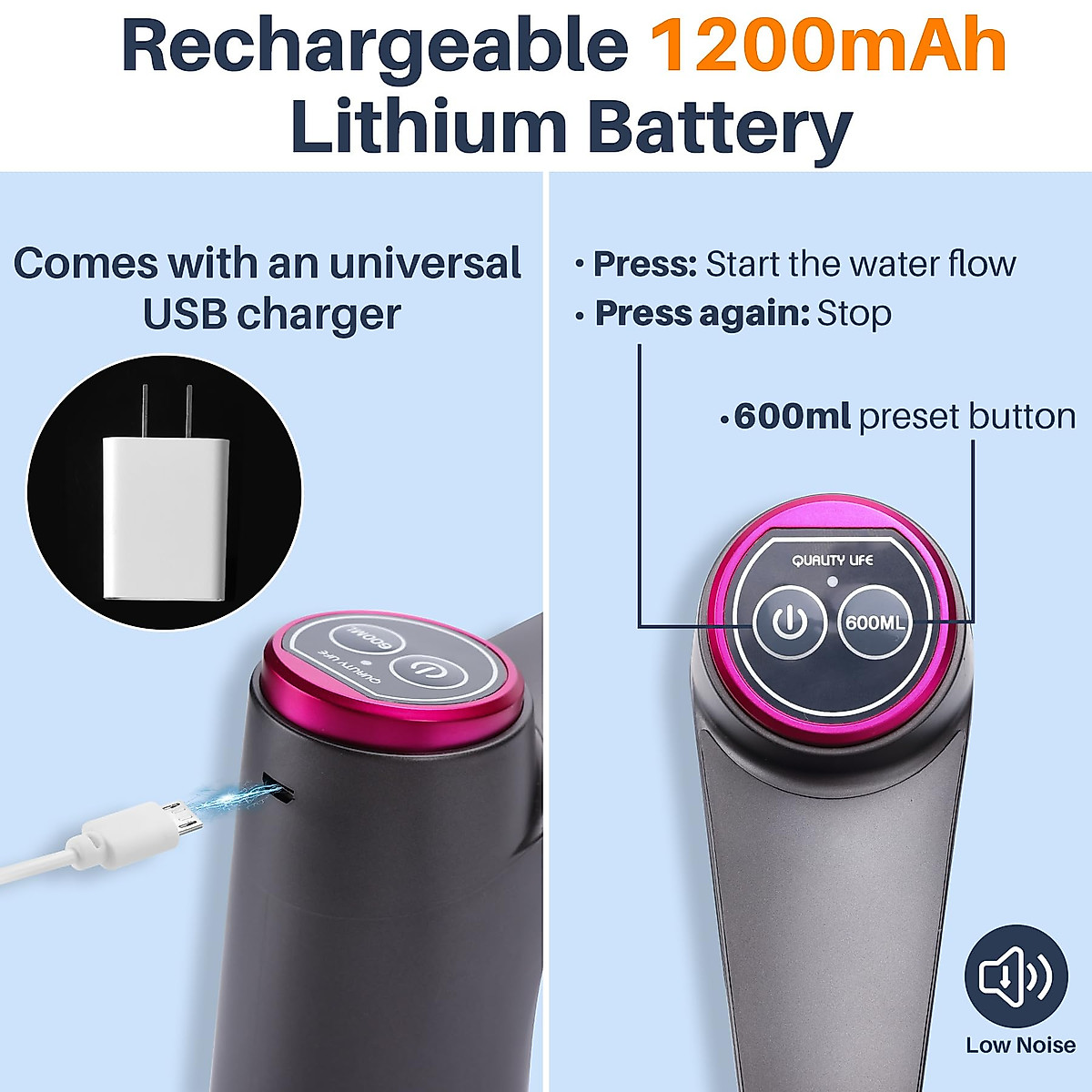 Water Dispenser, Rechargeable Wireless Water Pump with 2 Detachable Base for 5 Gallon Water Bottle or Desktop, Automatic Bedside Water Jug Dispenser