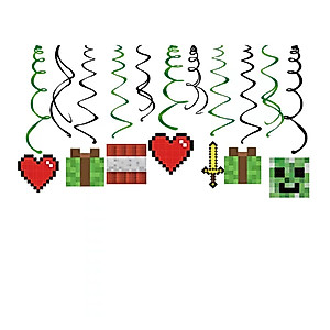 30Ct Pixel Mine Hanging Swirl Decorations - Pixel Mine Birthday Party Supplies Fan Decors