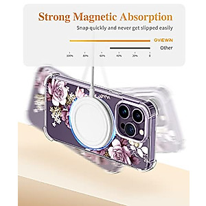 GVIEWIN iPhone 14 Pro Case with Screen Protector & Camera Lens Protector, [Compatible with MagSafe] Clear Floral Shockproof Protective Hard PC+TPU Bumper Women, Cherry Blossoms/Purple