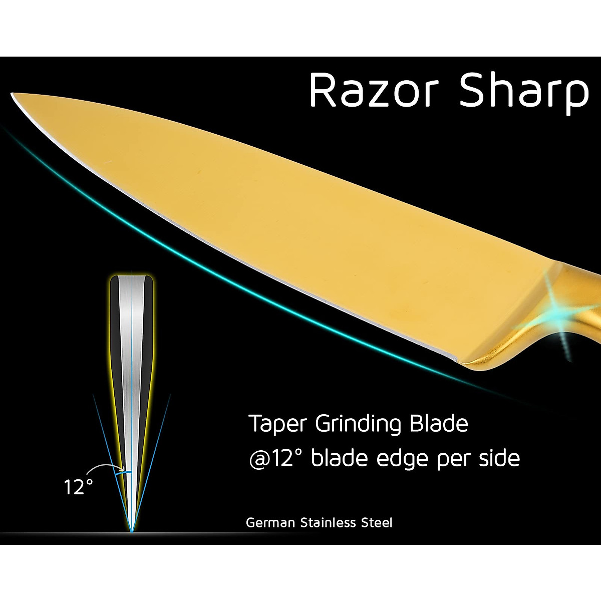 Golden Kitchen Knife Set 5 Piece WELLSTAR, Razor Sharp German Stainless Steel Blade and Ergonomic Handle with Gold Titanium Coated, Chef Carving Bread Utility Paring for Cutting and Peeling - Gift Box