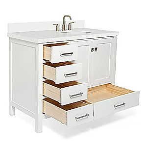 ARIEL Cambridge 43 Inch White Bathroom Vanity with Sink, 1.5" Edge Quartz Countertop, Solid Wood, Right Oval Sink, 2 Soft Closing Doors, 5 Full Extension Dovetail Drawers