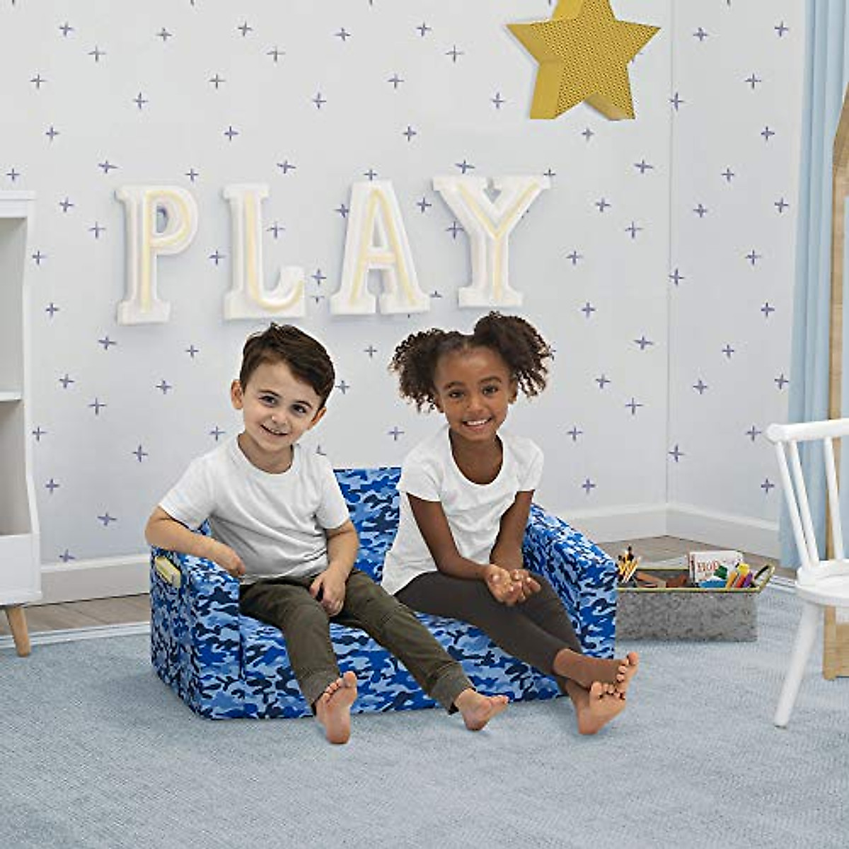 Delta Children Cozee 2-in-1 Extra Wide Convertible Sofa to Lounger-Comfy Flip Open Couch/Sleeper for Kids, Blue Camo