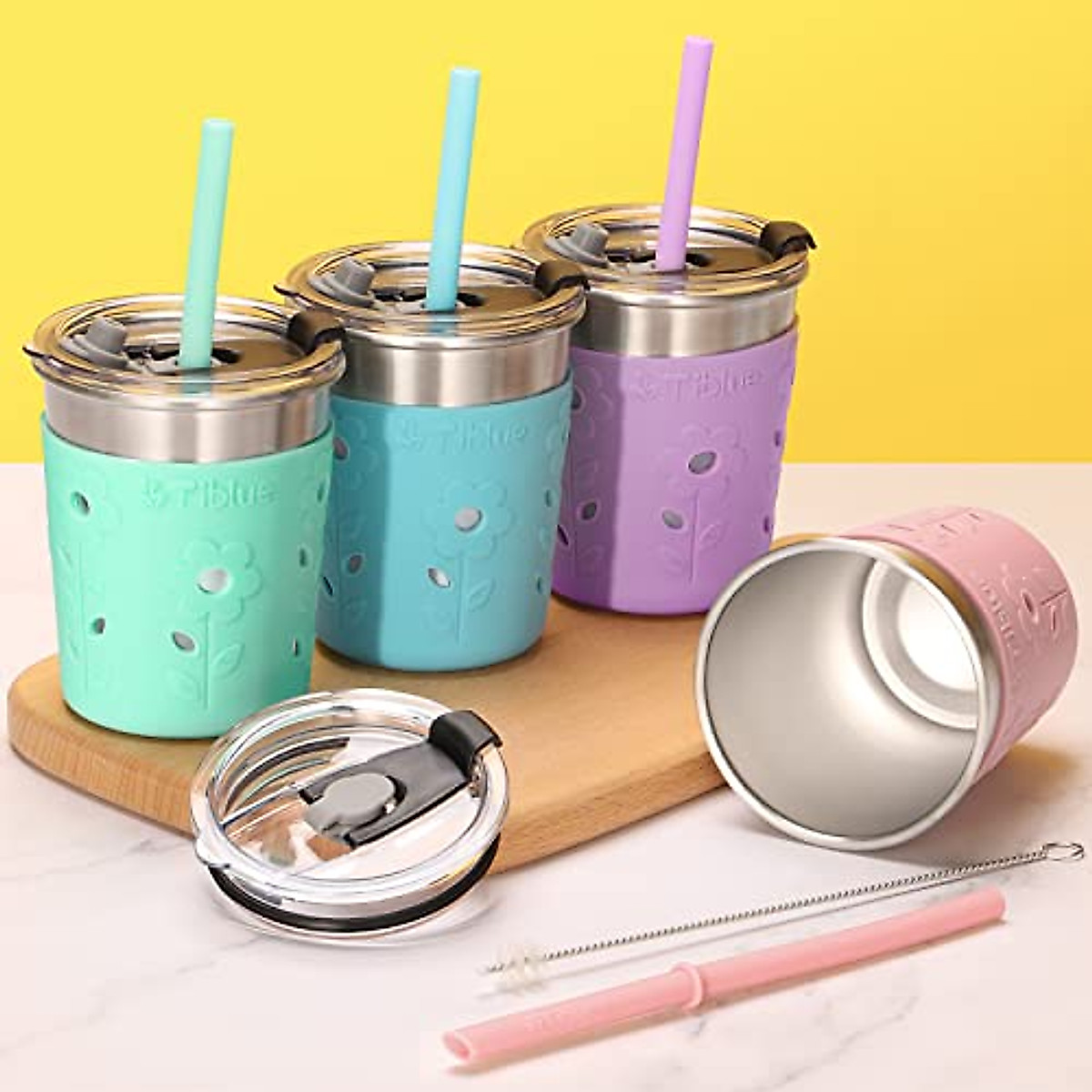 Tiblue Kids & Toddler Cups - Spill Proof Stainless Steel Smoothie Tumblers with Leak Proof Lids, Silicone Straw with Stopper & Sleeve - BPA FREE Snack Cup for Baby Girls Boys(4 Pack, 8oz Multicolor)