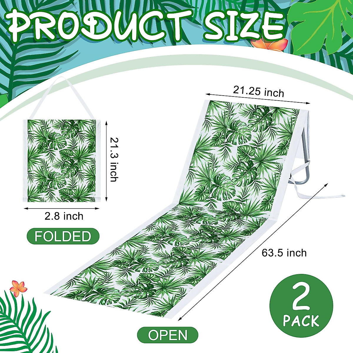Lineshading 2 Pack Portable Beach Lounge Chair for Adults Folding Tanning Mat Lightweight Sun Beach Lounger Ideal Beach Chairs Adjustable Position Lawn Chair Outdoor Sunbathing(Monstera Leaf)