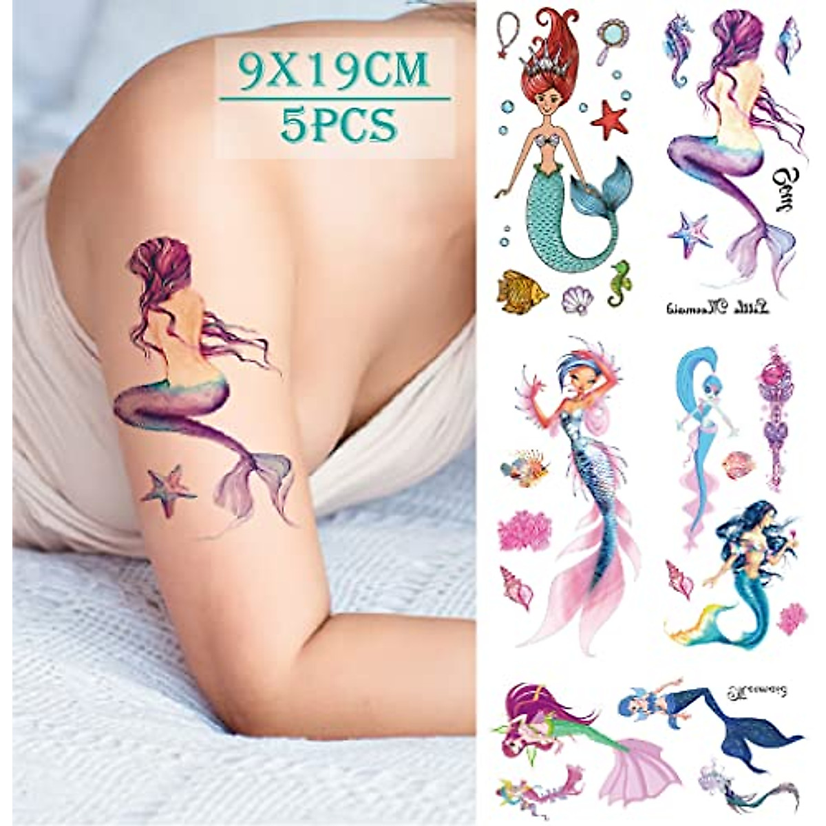 YAKAGO 13 Pieces Mermaid Temporary Tattoos For Women Girls Waterproof Fake Tattoo Stickers