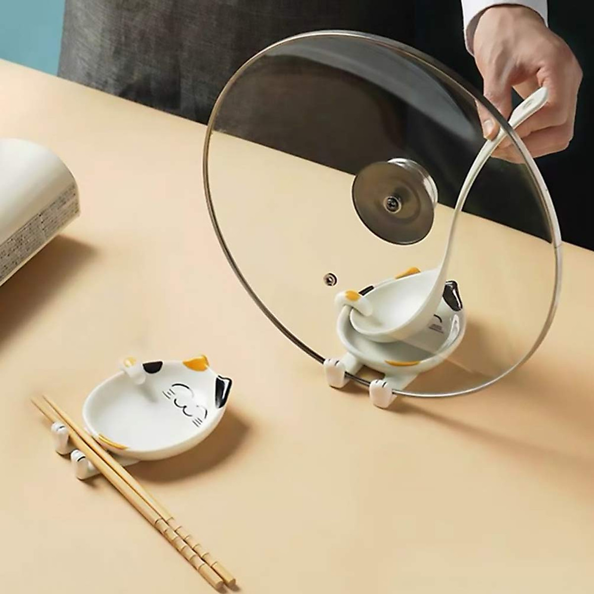 Cabilock Cute Cat Spoon Rest Multifunction Ceramic Cooking Utensil Holder Stove Cover Lid Holder Spoon Holder for Stove Top, Coffee Spoon Rest, Ladle Rest, Cooking Utensil Rest