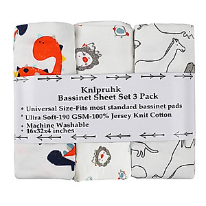 Jersey Cotton Bassinet Sheet Set 3 Pack Fitted Cradle Sheets, Ultra Soft Stretch 190 GSM, for Baby Boy, Universal Fit Rectangle Oval Hourglass Bassinet Mattress, Dinosaur Elephant Koala
