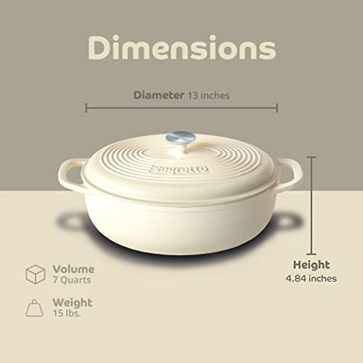 Segretto Cookware Enameled Oval Cast Iron Dutch Oven with Handle, 7 Quarts, Bianco Perla (Pearl White), 7qt Dutch Oven Pot with Lid Cast Iron Enamel Dutch Oven for Bread Baking, Basting, Cooking, Soups