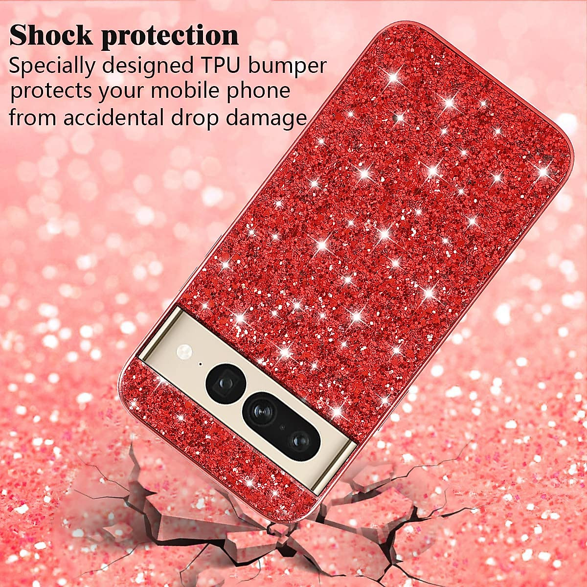 Compatible with Google Pixel 7 Pro Case Glitter Shockproof,Google Pixel 7 Pro Phone Case Bling Sparkly Soft TPU and PC Silicone Shiny Girl Women Thin Protective Cover (Red)