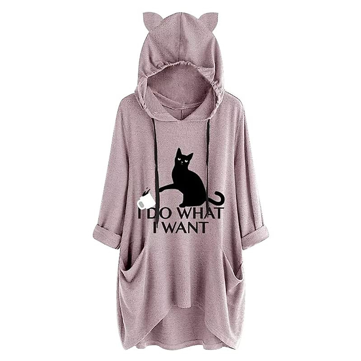Gesaofa I Do What I Want Cat Graphic Hoodies for Women Irregular Hem 3/4 Sleeve Cat Ear Hooded Tunic Tops with Pockets Women Tunic with Cat Hoodies Tunic with Cat Ear Hoodies Cat Ears Pink Hoodies
