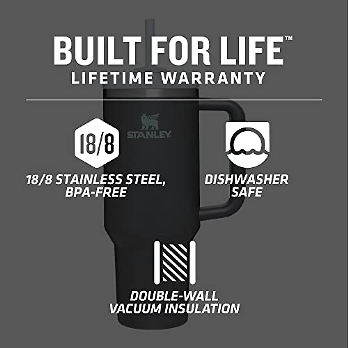 Stanley Quencher H2.0 FlowState Stainless Steel Vacuum Insulated Tumbler with Lid and Straw for Water, Iced Tea or Coffee, Smoothie and More, Charcoal, 40 oz