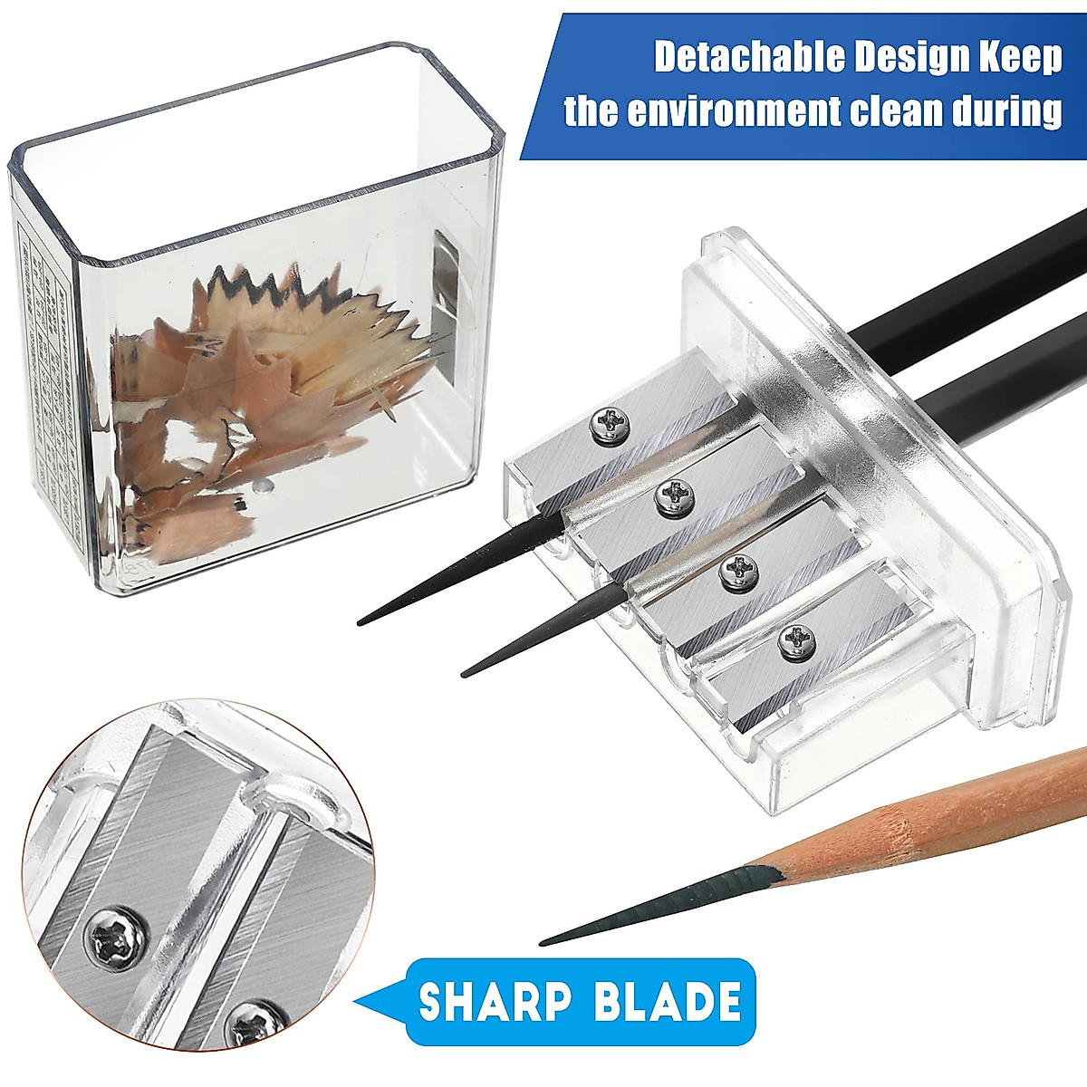 2 Pieces Carpenter Long Point Manual Pencil Sharpener with Plastic Lid 4 Holes Handheld Sharpener for Sketching, Charcoal, Colored Pencils (Transparent)