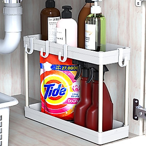 SimpleHouseware 2-Tier Under Sink Organizer Storage Tray with Hooks, White