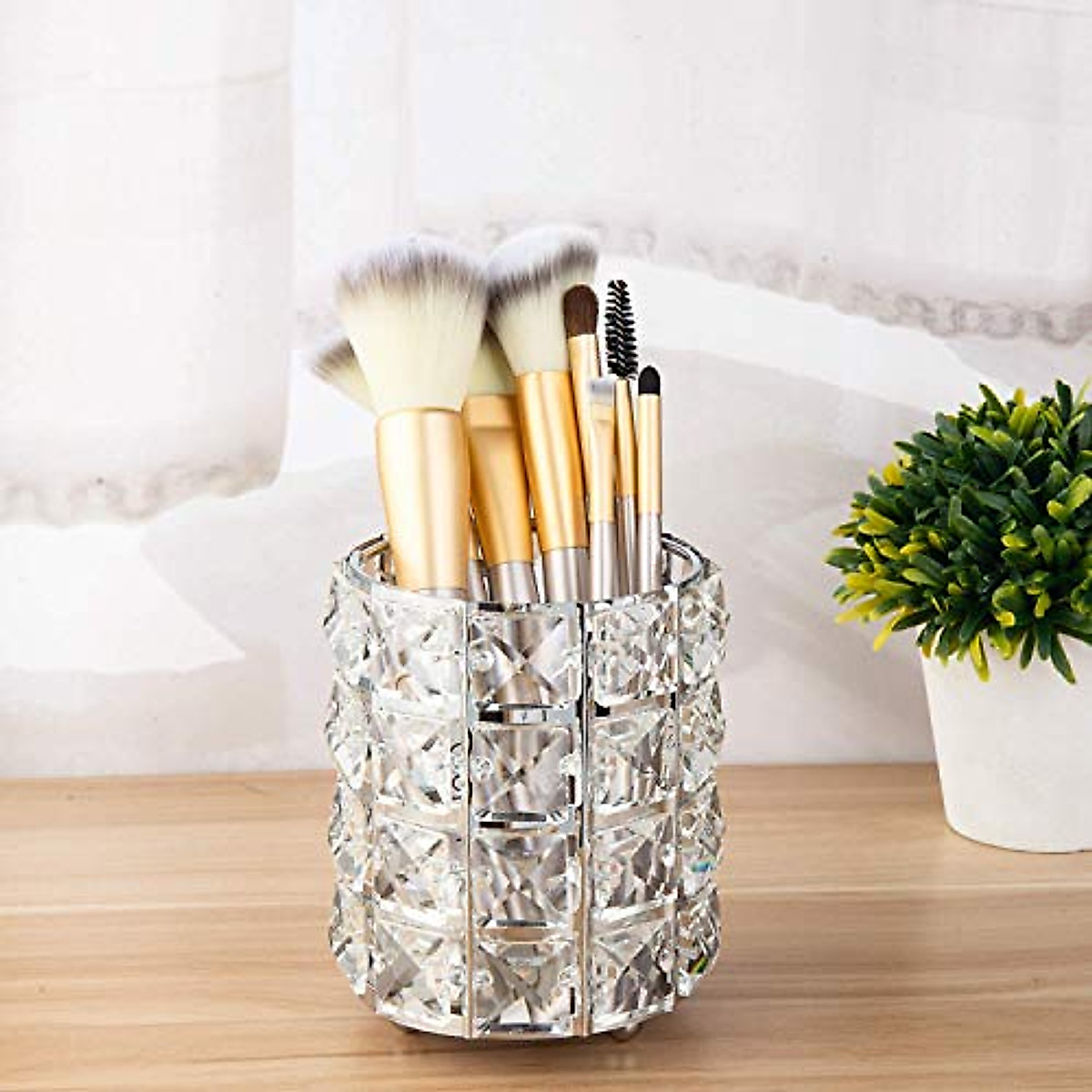 Feyarl 2pcs Crystal Makeup Brush Holder Silver Bling Handcrafted Comb Brush Pen Pencil Holder Pot Cup Storage Cosmetic Tools Organizer Container Candle Holder for Valentine Gift Bedroom Dresser Office