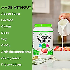 Orgain Organic Vegan Protein Powder, Strawberries & Cream - 21g of Plant Based Protein, Low Net Carbs, Gluten/ Lactose Free, No Sugar Added, Soy Free, Non-GMO, 2.03 Lb