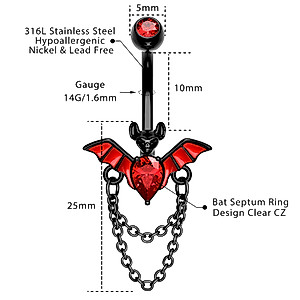 Melighting Bat Belly Button Rings 14G Halloween Belly Rings Stainless Steel 316L Clear Red CZ Black Belly Piercing Jewelry for Women