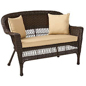 Jeco Wicker Patio Love Seat and Coffee Table Set with Tan Cushion, Espresso