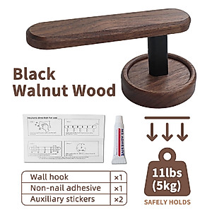 Wood Wall Hooks Adhesive Hooks Hair Hoop Holders Extended Natural Wooden Hooks for Hanging Hair Rings, Headbands, Scarves, Towels, Coat, Keys, Bags in Bathroom and Bedrooms (Black Walnut Wood)