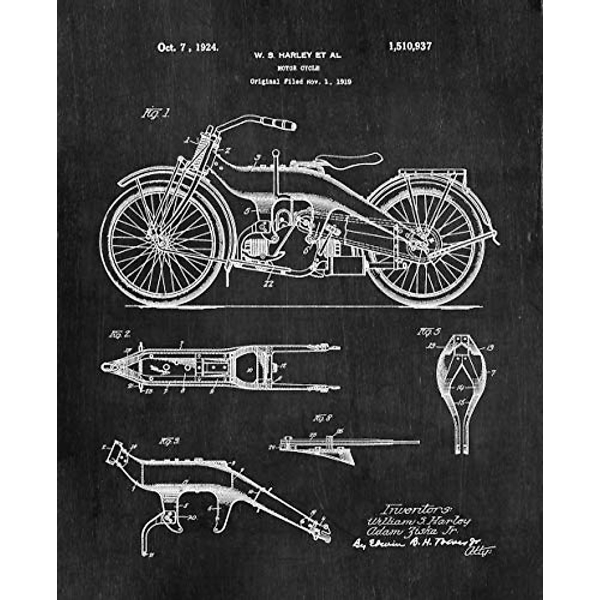 Motorcycle Patent Art Prints - Set of SIX 8"x10" - Wall Decor - Great Gift for Motorcycle Lovers - Chalkboard