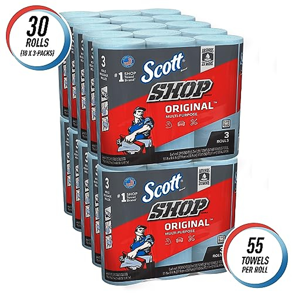 Scott Shop Towels Original (75143), Blue, 55 Towels/Standard Roll, 30 Rolls/Case (10 Bundles of 3 Rolls), 1,650 Towels/Case