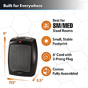 Lasko CD09250 Ceramic Adjustable Thermostat Tabletop or Under-Desk Heater, 9 Inches High, Black