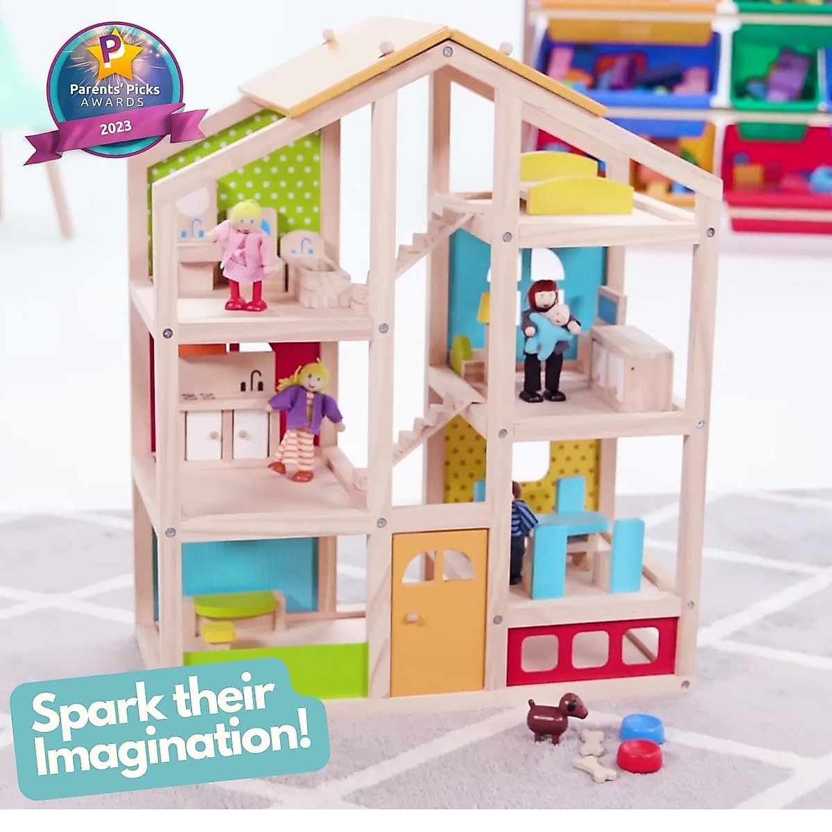 PIDOKO KIDS Skylar Wooden Dollhouse - Includes 20 Pcs Furniture Accessories, 5 Family Dolls and a Pet Dog - Wood Doll House for 3 4-5 Year Old Girls & Boys