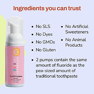 autobrush Kids Fluoride-Free Foaming Toothpaste Bubblegum Flavor for Electric or U-Shaped Toothbrush, SLS-Free, Training Toothpaste, Anti-Cavity (1 Pack)