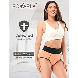 POKARLA Womens Cotton Underwear High Waist Full Coverage Briefs Soft Breathable Postpartum Panties Stretch Underpants Regular & Plus Size