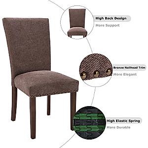 COLAMY Upholstered Parsons Dining Chairs Set of 4, Fabric Dining Room Kitchen Side Chair with Nailhead Trim and Wood Legs - Brown