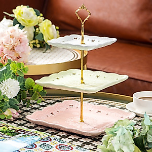 MALACASA 3 Tier Cupcake Stand, Porcelain Tiered Cupcake Tower Stand, Square Embossed Dessert Stand Serving Trays for Tea Party and Wedding, Multicolor Display Stand, Series Sweet.Time