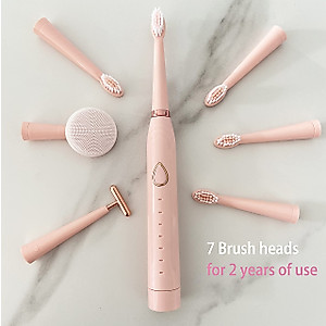 JANECC Electric Toothbrush for Adults, Rechargeable Sonic Toothbrushes, 6 Modes, 45,000VPM Motor and 2 Mins Smart Timer, 1 Face Washing Head, Facial Massage 5 Brush Heads(Pink), 9.8X3.9X1.18 Inch