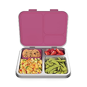 Bentgo® Kids Stainless Steel Leak-Resistant Lunch Box - Bento-Style Redesigned in 2022 w/Upgraded Latches, 3 Compartments, & Extra Container - Eco-Friendly, Dishwasher Safe, Patented Design (Fuchsia)