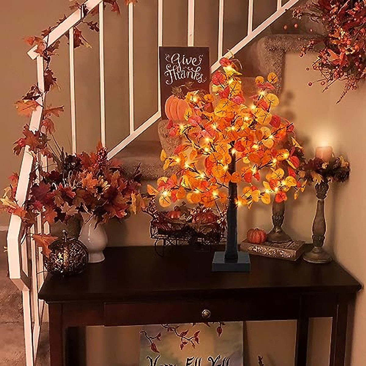 Agusbagli 24 Inch Artificial Fall Lighted Eucalyptus Tree Decor, 55 LED Battery Operated Fall Light Up Tabletop Tree with Timer for Indoor Home Wedding Harvest Fall Autumn Thanksgiving Decorations