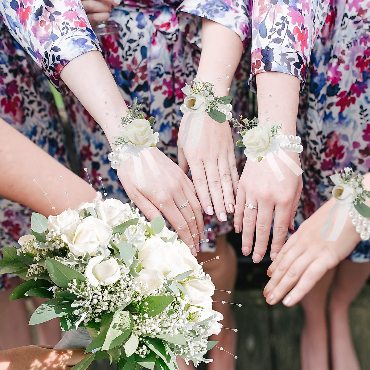 SNAIL GARDEN 12Pcs Elastic Pearl Wrist Corsage Bands, Wrist Corsage Bracelets with 12Pcs Pearl String, Faux Pearl Bead Corsage Accessories Bracelets for Wedding Prom Bride Bridesmaid Handmade Corsage