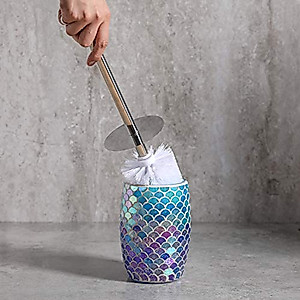 WHOLE HOUSEWARES | Bathroom Wastebasket | Mermaid Glass Mosaic Decoration and Bathroom Accessories Toilet Brush Set - Blue Toilet Bowl Brush and Holder (Fan Shape)