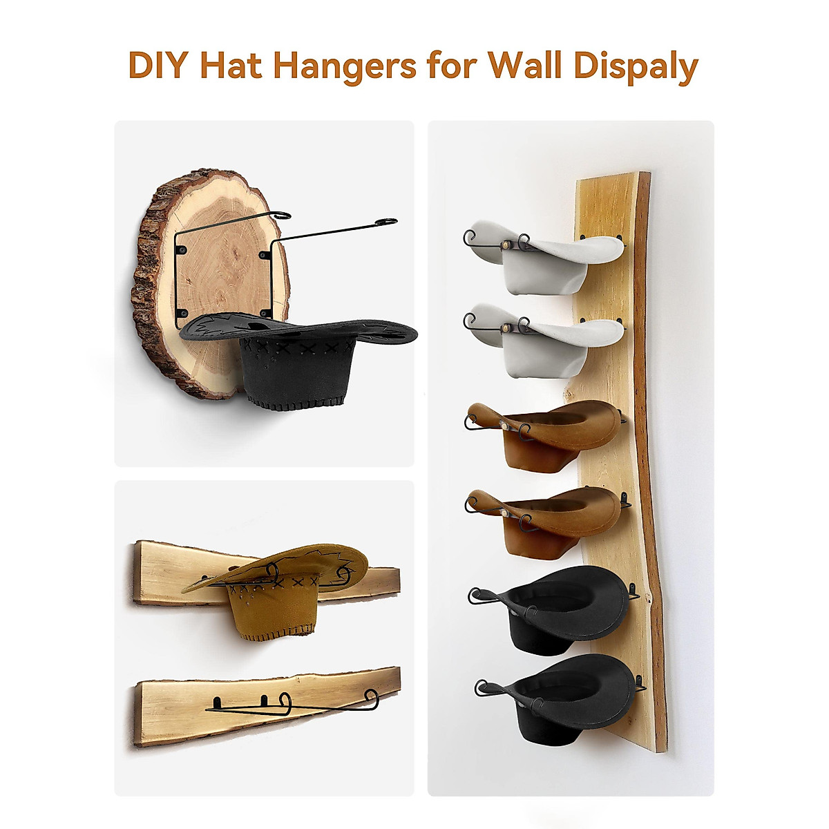 WNXSLOAD Cowboy Hat Rack 6 Pieces, DIY Cowboy Hat Holder for Wall, Hat Rack for Cowboy Hats, Cowboy Hat Hanger Keeps Original Shape of Hat, Cowboy Hat Rack Wall Mount, Adjustable to Install