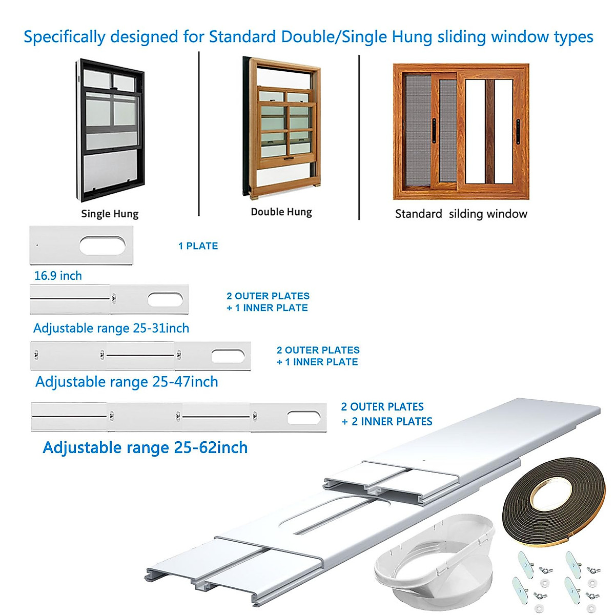 gulrear Portable air Conditioner Window kit Universal Portable AC Window Vent kit with 4 Plates Seamless Slot Style Portable ac Window kit Adjustable Length from 20" to 62" Suit for 5.0" Exhaust Hose