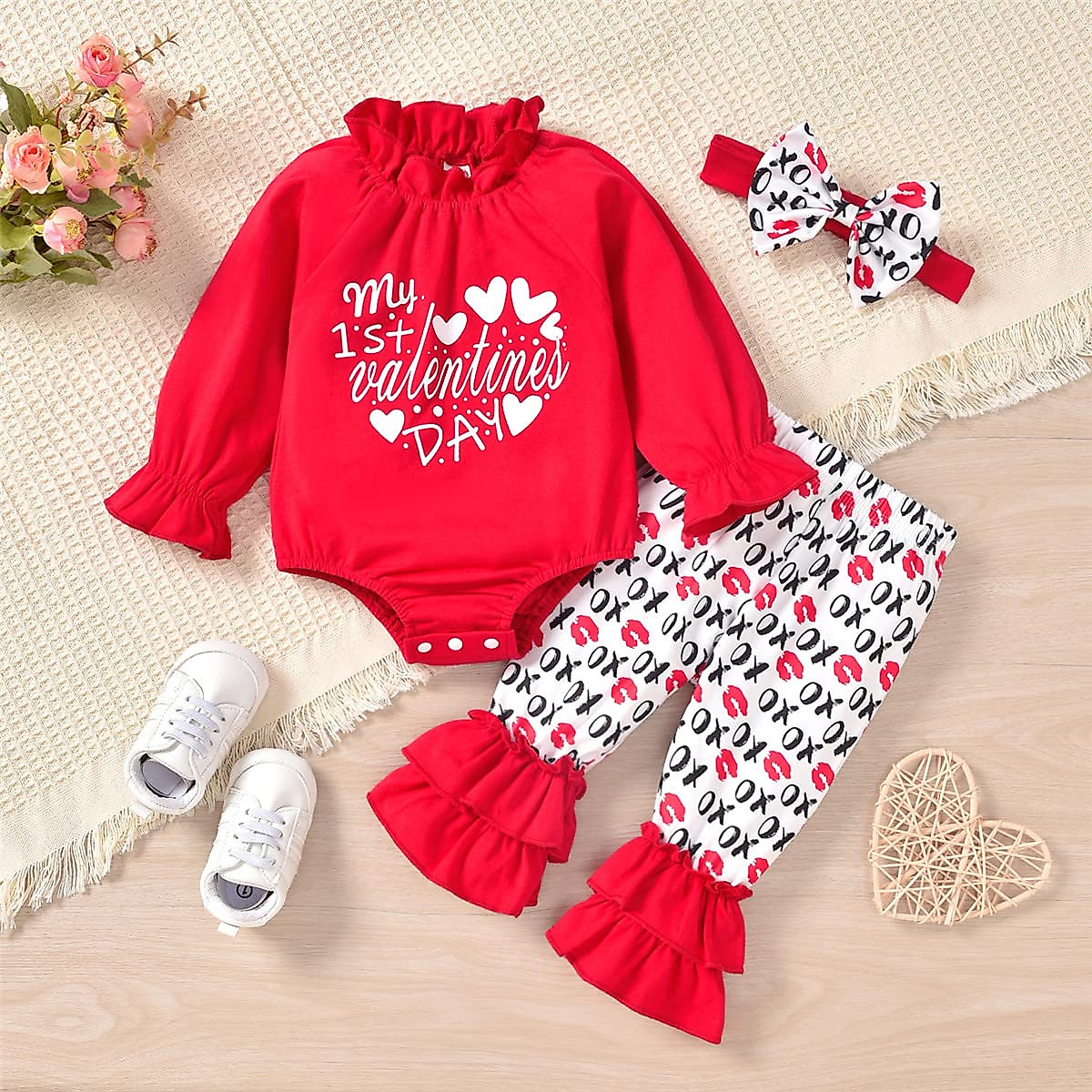 Newborn Baby Girl My First Valentines Day Outfits My 1st Valentines Day Romper+Pants+Headband Clothes Set (Red, 0-3 Months)