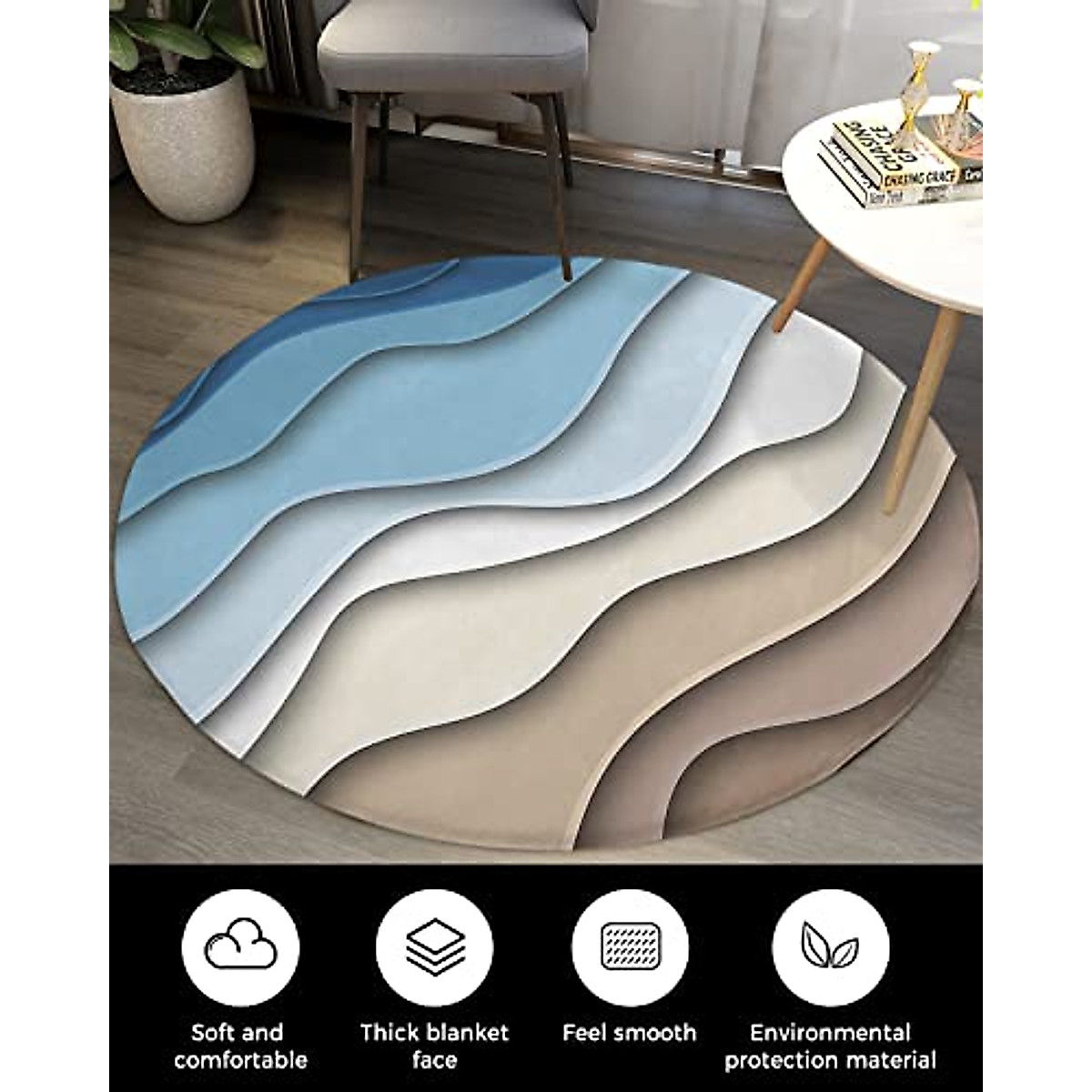 Blue White Brown Round Area Rug 3ft,Washable Outdoor Indoor Carpet Runner Rug for Bedroom,Kitchen,Bathroom,Living Room,Abstract Modern Ocean Seawaves Geometry Art Area+Rug Small Bath Door Desk Mat