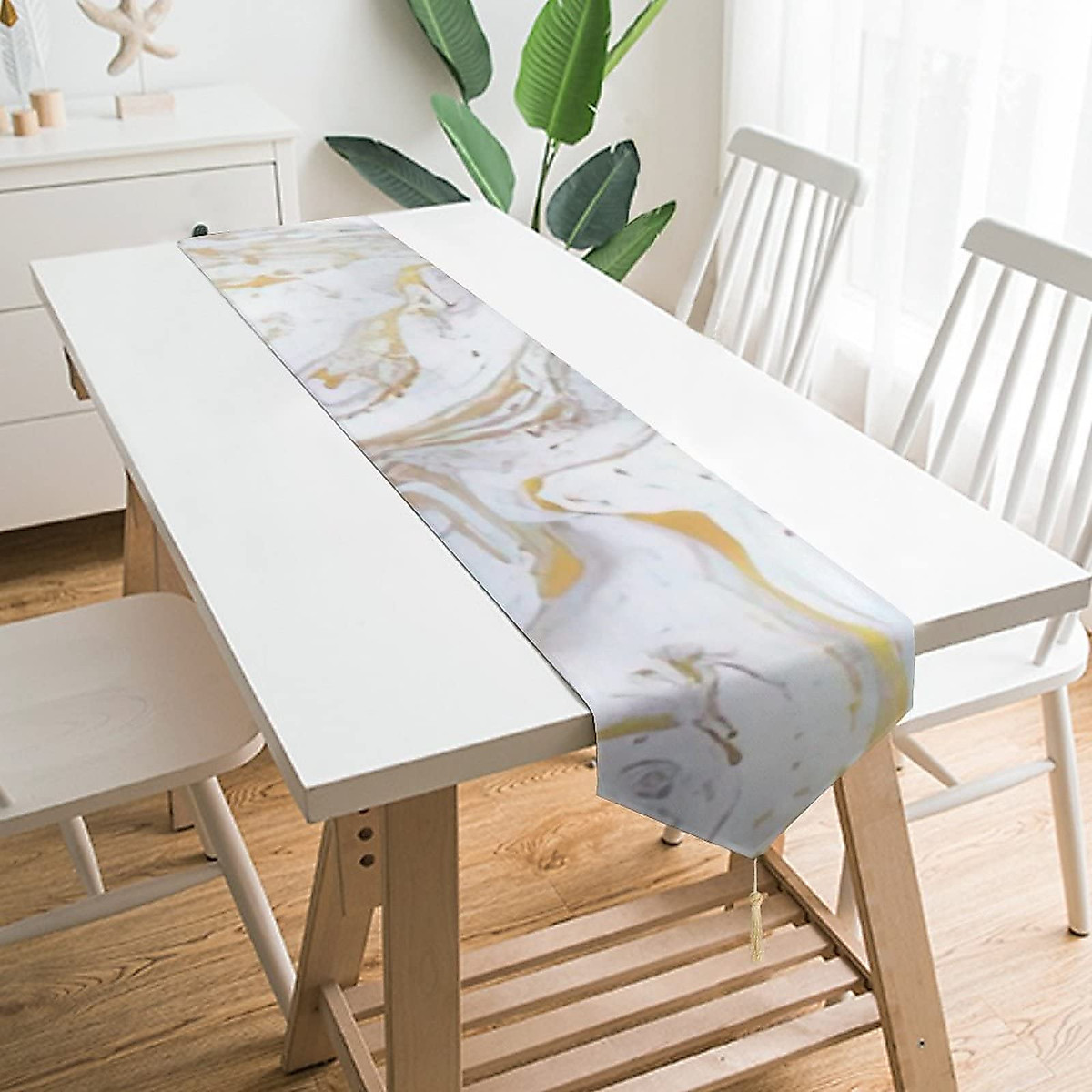 White Gold Flowing Marble Table Runner Spring Summer Table Runners Dresser Scarf for Home Party Holiday Kitchen Dining Table Decor 70x13 INCH