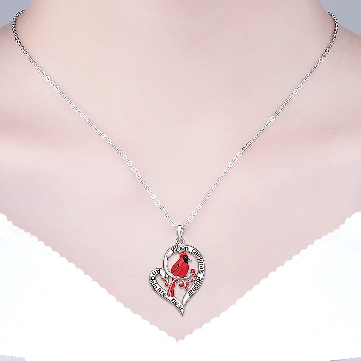 Cardinal Necklace Heart Red Bird Spiritual Memorial Engraved When Cardinal Appear Angels are Near Dainty Inspirational 925 Sterling Silver Animal Necklaces for Loss of Loved Heart