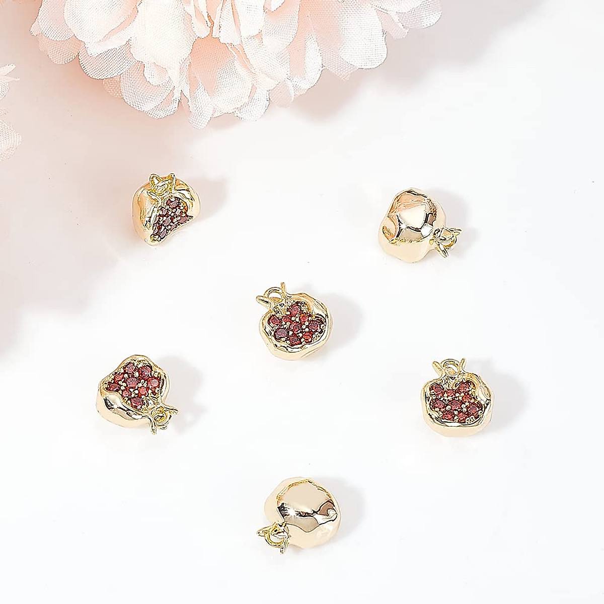 BENECREAT 6pcs Real 18K Gold Plated Pomegranate Cubic Zirconia Charm Brass Pendant with Red Zirconia Pomegranate Seeds for Bracelet Necklace Jewelry Making, 10.5x10x7mm